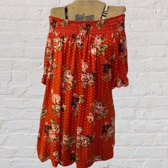 Misia | Tops | Misia Red Floral Knit Off The Shoulders Babydoll Loose ...